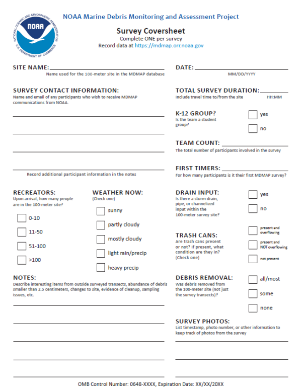 Survey Coversheet and Quick Reference | Marine Debris Program